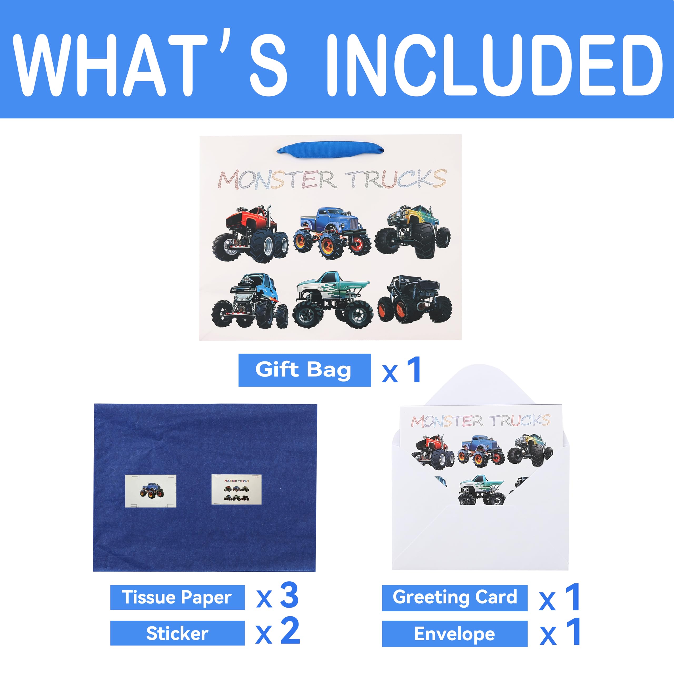 13" Large Truck-themed Gift Bags Set with Greeting Card and Tissue Paper (Monster Trucks Design) for boys, Kids Birthday Party,Baby boy,Baby Shower,Newborn,New Moms or Parents -13”x5.2”x10.2”, 1 Pcs