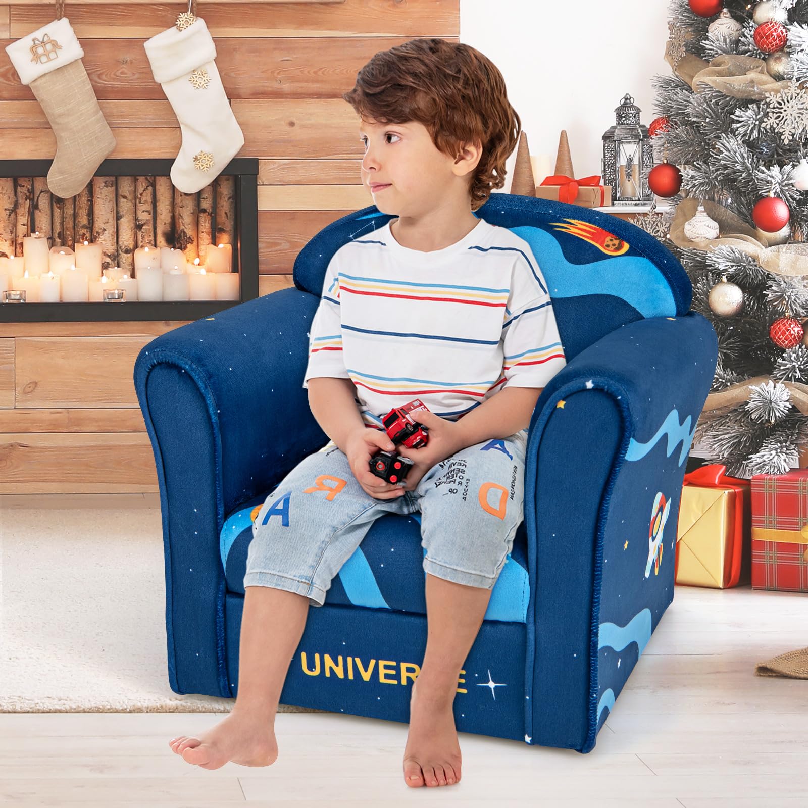 HONEY JOY Kids Couch, Toddler Sofa Armchair with Spaceman Pattern, Children Mini Playroom Furniture, Sturdy Wooden Construction, Baby Small Armrest Chair, Lightweight Kids Sofa for Boys Girls (Blue)