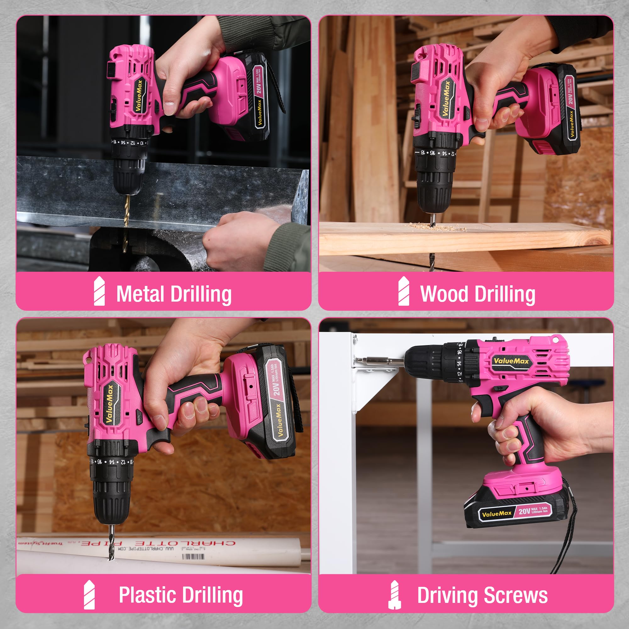 ValueMax Pink Cordless Drill Set, 20V Lithium-ion Power Drill Set with LED Light and Magnetic Holder, 3/8-Inch Keyless Chuck, 18+1 Torque Settings, Electric Cordless Drill Set with Battery and Charger