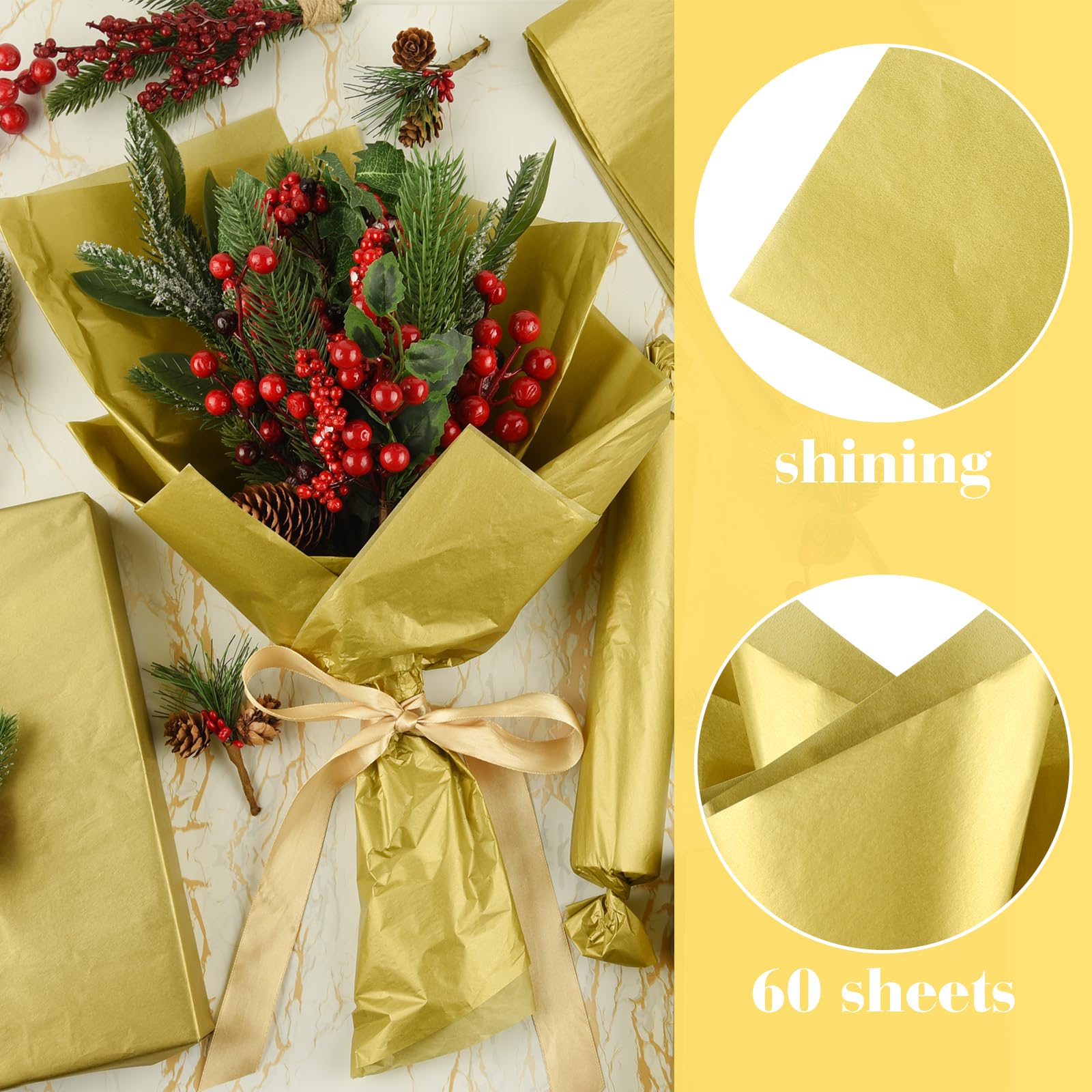 NEBURORA Metallic Gold Tissue Paper for Gift Bags 60 Sheets Gold Wrapping Tissue Paper Bulk 14 X 20 Inch Gold Packaging Paper for Christmas Gift Wrap Art Crafts Birthday Wedding Decoration