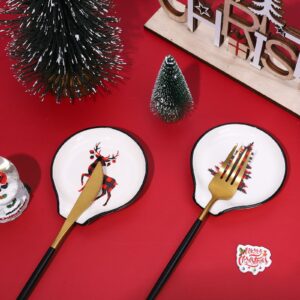 Whaline 2Pcs Christmas Coffee Spoon Rest Plaid Xmas Tree Reindeer Ceramic Teaspoon Holder Christmas Holiday Sauce Dishes Dipping Bowl Ring Dish for Teacher Gift Kitchen Office Bar Coffee Stirrers