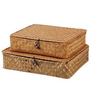 flat seagrass storage basket bins with lid - set of 2 wicker baskets bins rectangular woven baskets box home organizer bins for shelf organizing, large size 13"x11"