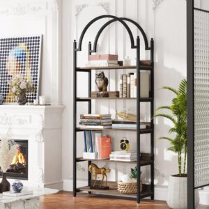 tribesigns 5-shelf arched bookcase, 72 inch tall rustic wood shelf with black metal frame, industrial freestanding open bookshelf for bedroom, living room,small spaces (oak+black, 1pc)