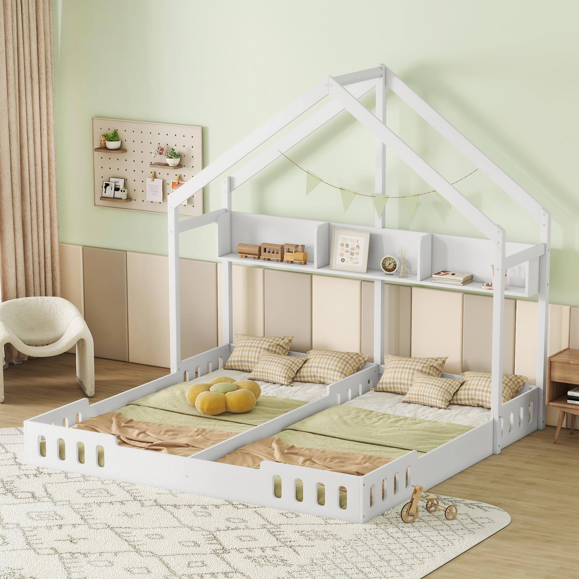 Harper & Bright Designs Twin House Bed for 2 Kids,Wood Double Twin Platform Beds with Rails, Montessori Floor Bed,Two Shared Beds with Shelves and Guardrail,Creamy White