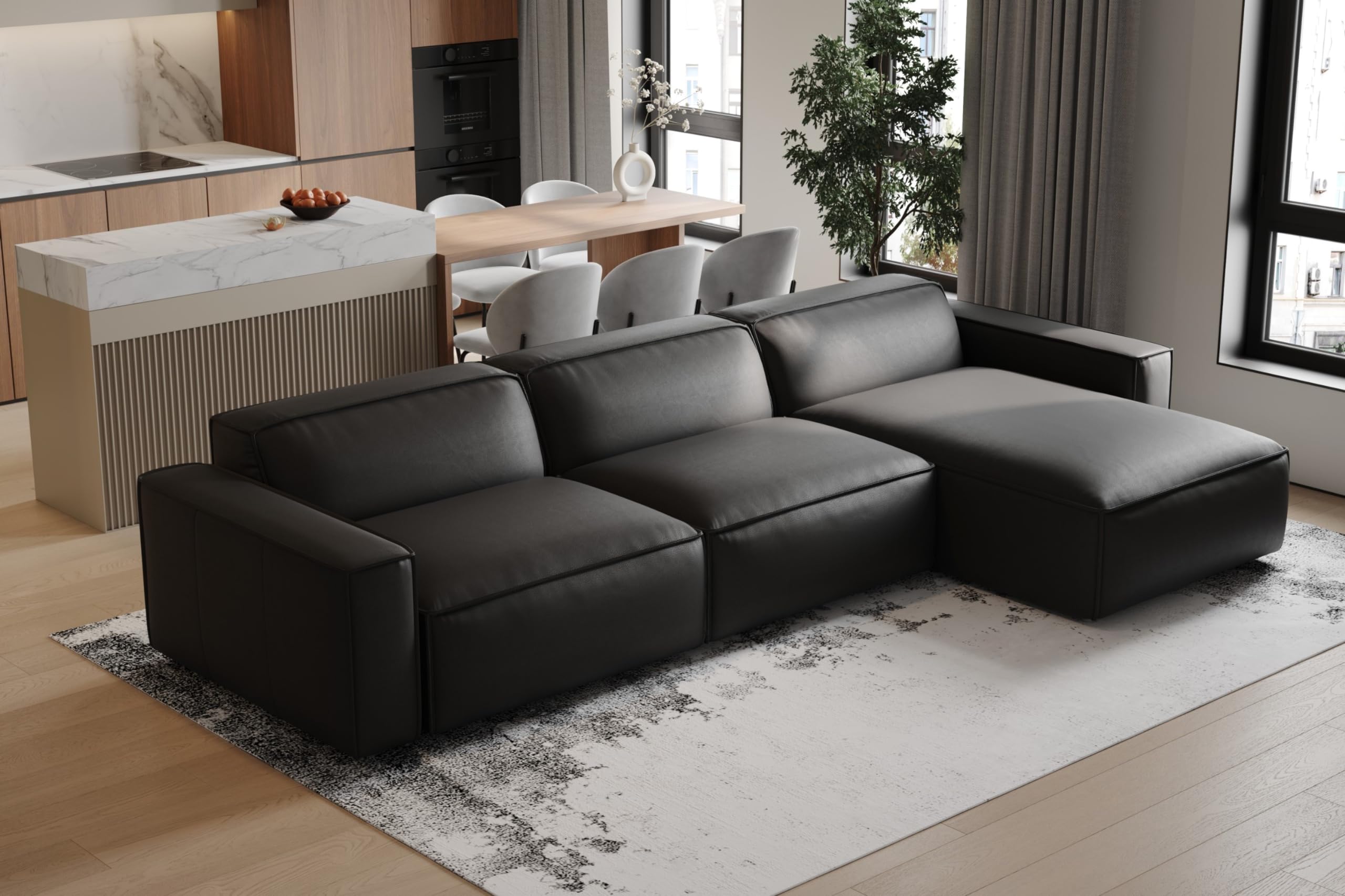 Valencia Nathan Napa Leather Couch - 3 Seats with Right Chaise Sectional Sofa - 100% Full Aniline Leather Modern Sofa for Lounge and Living Room Solid Wood Frame and High-Resilience Foam Couch (Black)