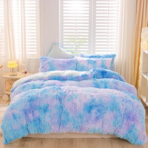 zrnbast shaggy faux fur duvet cover set blue purple twin size bedding sets for girls kids 3 pcs soft fluffy tie dye ombre duvet covers with zipper closure(blue,twin)