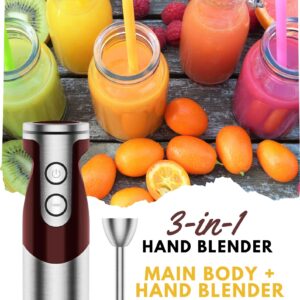 Megawise 3-in-1 Hand Blender – 12-Speed, Includes Powerful Blender Stick, Whisk, and Milk Frother – Easy to Clean and Perfect for Smoothies, and More (Red)