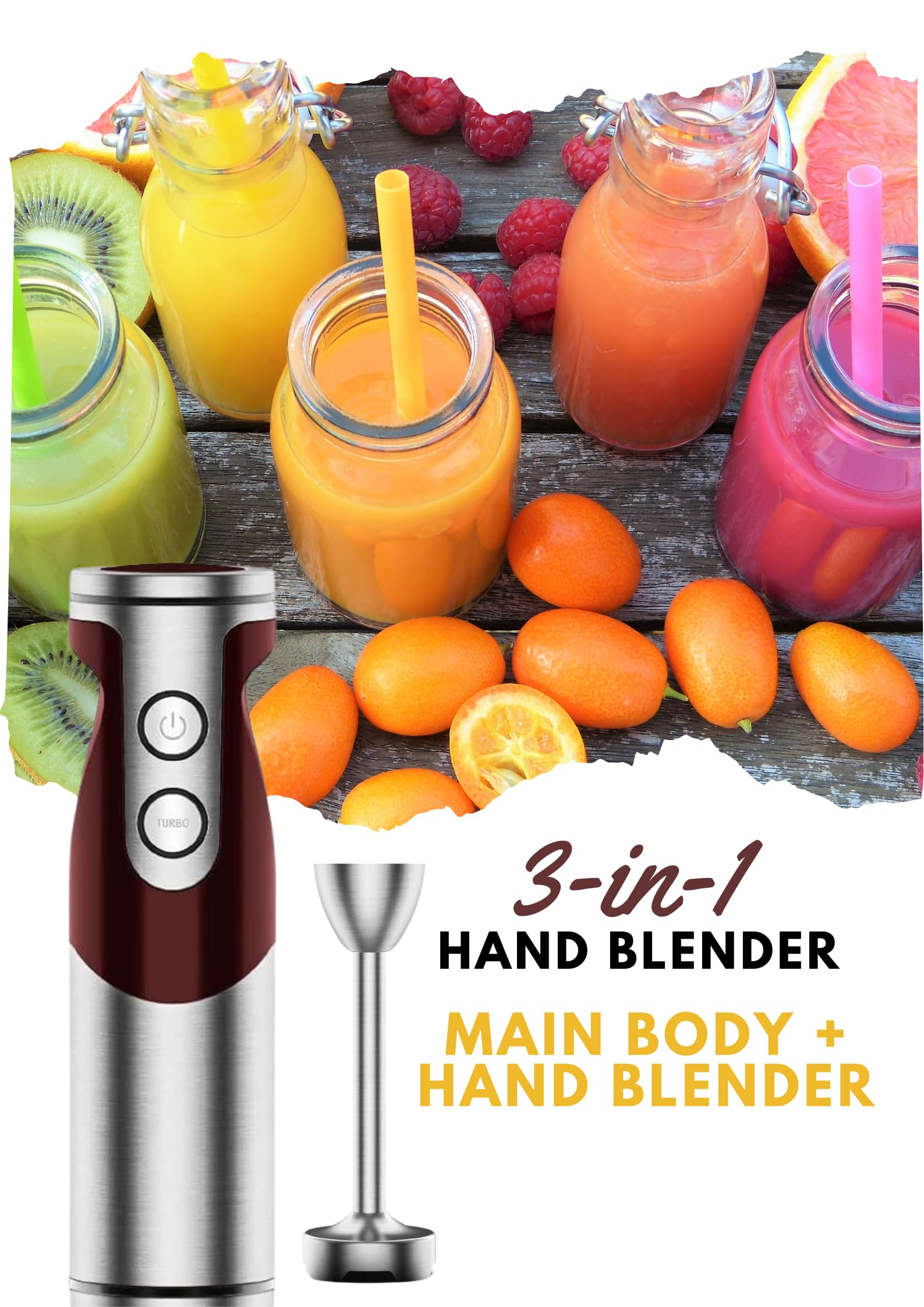 Megawise 3-in-1 Hand Blender – 12-Speed, Includes Powerful Blender Stick, Whisk, and Milk Frother – Easy to Clean and Perfect for Smoothies, and More (Red)