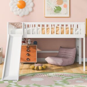 harper & bright designs full size low loft bed with slide, high guardrail & ladder, kids wooden full loft bed frame for girls,boys, no box spring needed, white