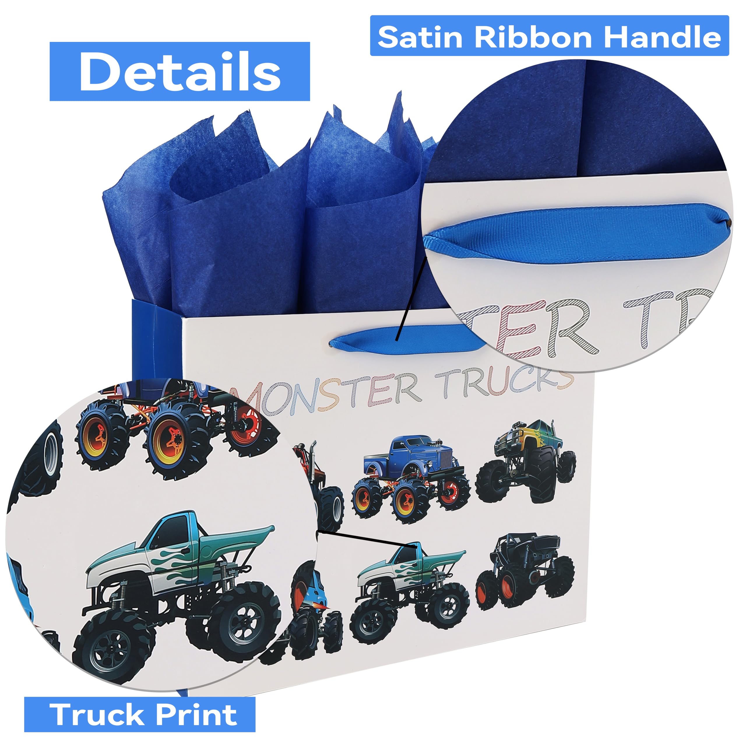 13" Large Truck-themed Gift Bags Set with Greeting Card and Tissue Paper (Monster Trucks Design) for boys, Kids Birthday Party,Baby boy,Baby Shower,Newborn,New Moms or Parents -13”x5.2”x10.2”, 1 Pcs