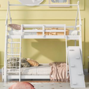 harper & bright designs twin over queen bunk bed with climbing nets and climbing ramp,wooden playhouse bunk beds for kids,girls & boys,no box spring needed, white