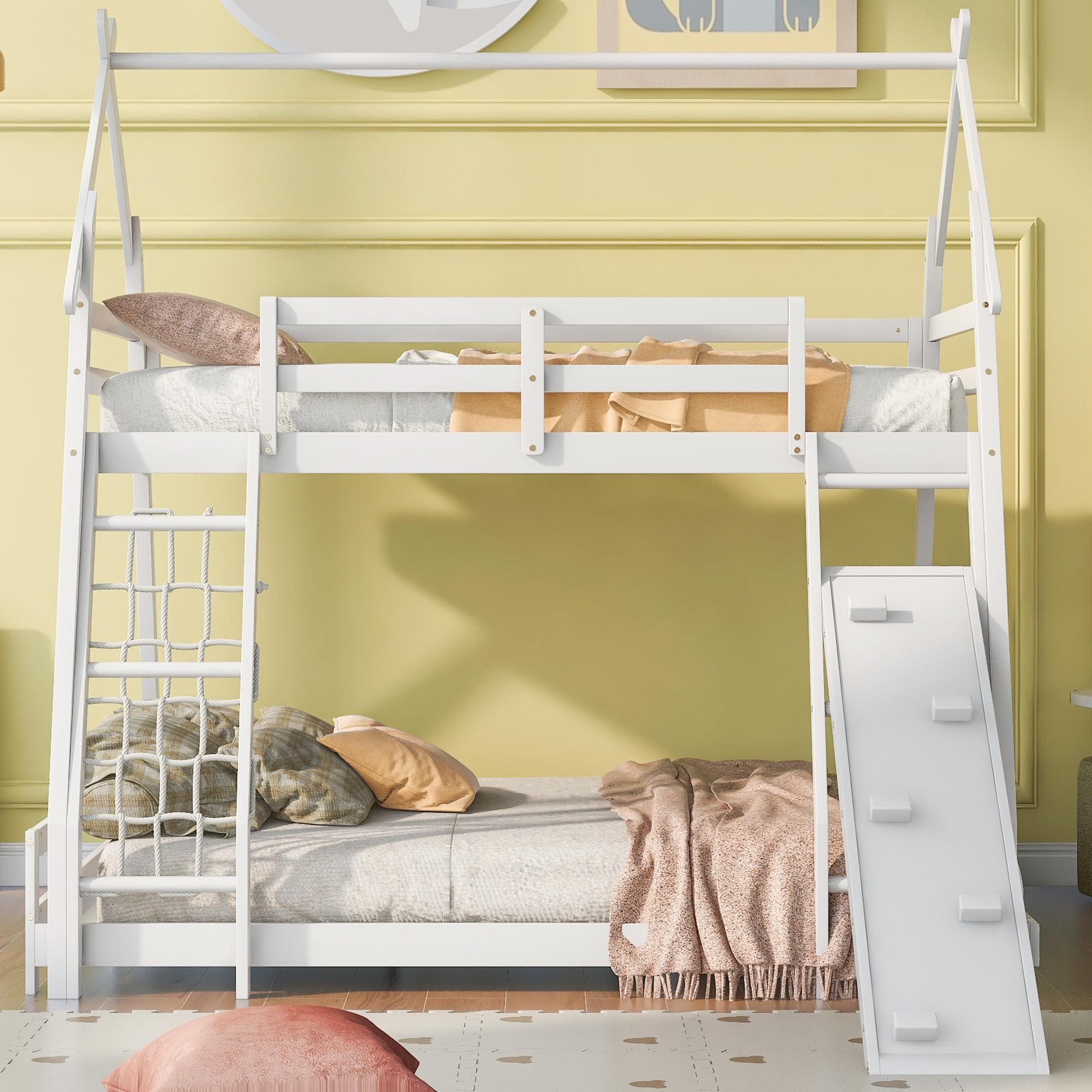 Harper & Bright Designs Twin Over Queen Bunk Bed with Climbing Nets and Climbing Ramp,Wooden Playhouse Bunk Beds for Kids,Girls & Boys,No Box Spring Needed, White