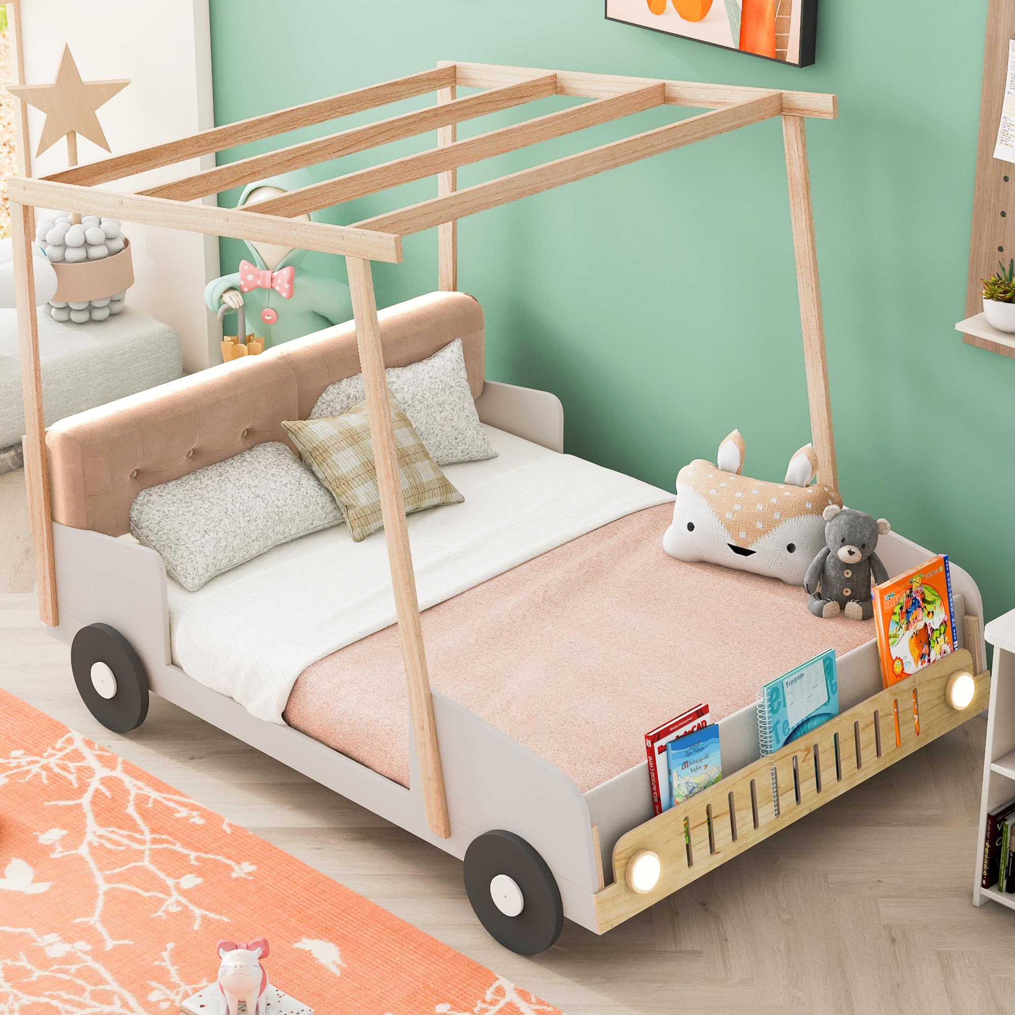 Merax Car Shaped Platform Bed for Kids Full Size, Solid Wood Bed Frame with Back Cushion & Ceiling Cloth, for Boys Girls Teens, Natural