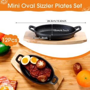 Mifoci 12 Sets Cast Iron Skillet with Wooden Base Mini Cast Iron Fajita Plates Oval Dish Tray Serving Sizzling Plate Cast Iron Pan for Baking Roasting Cooking Kitchen Restaurant,8.7 x 4.7 x 1.6 Inch