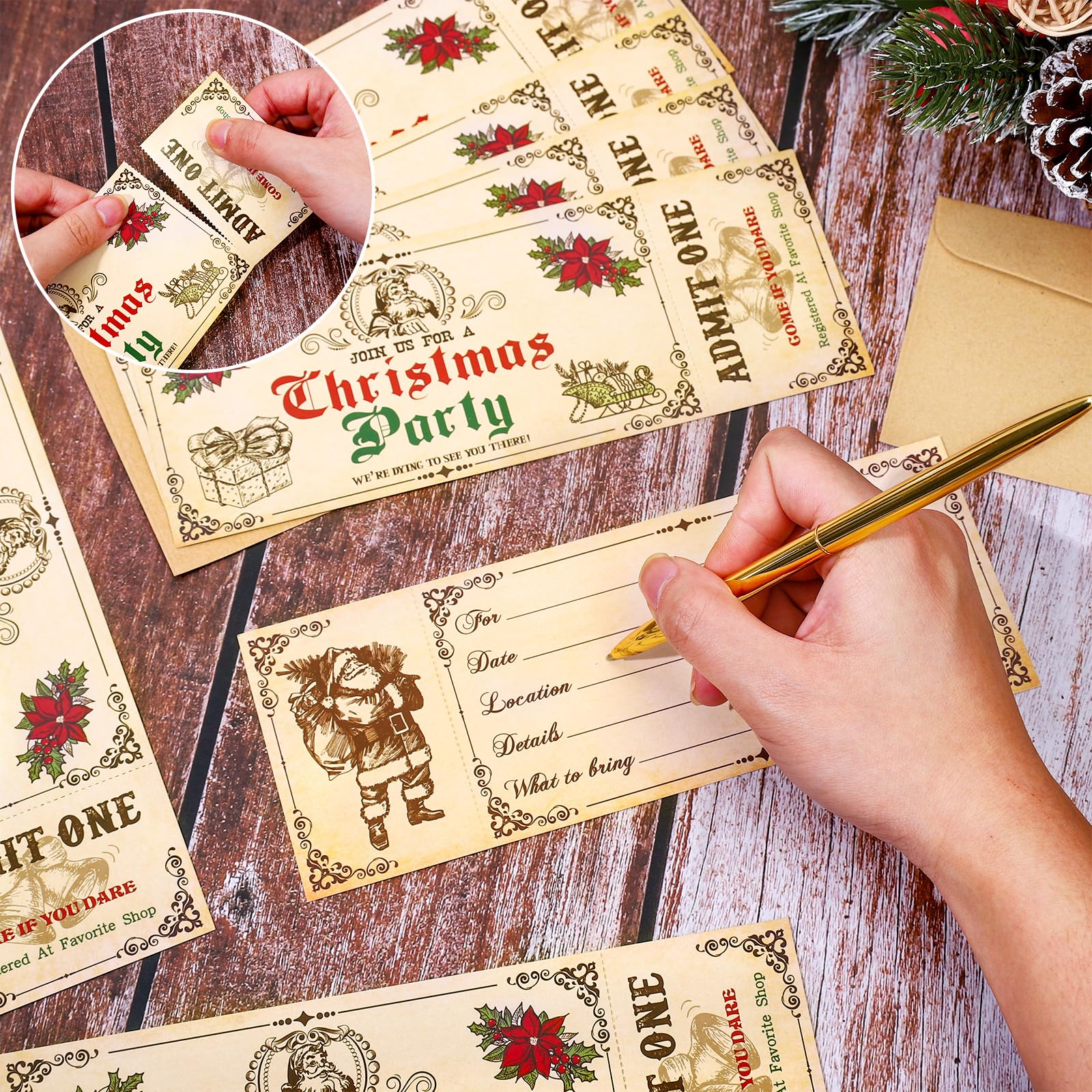 Whaline 25Pcs Christmas Party Invitation with Envelopes Vintage Style Santa Claus Party Ticket Invites Cards Xmas Party Invites for Winter Baby Shower Celebration New Year Birthday Party