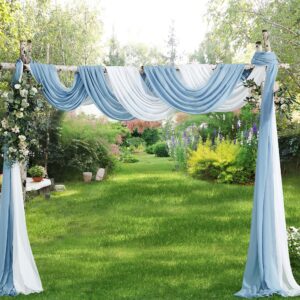 WARM HOME DESIGNS White & Dusty Blue Chiffon Wedding Arch Drapery Fabric. Pair of 144" (12 Feet or 4 Yards) Luxury Wedding Arch Decorations for Rustic Wedding Decor. CHW White & D Blue 144