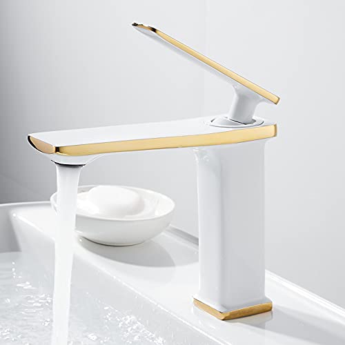 Bathroom Sink Faucet, Brass Black Gold Basin Faucet Bathroom Sink Faucets Hot Cold Water Mixer Crane Deck Mounted Single Handle Hole Bath Kitchen Tap (Color : White and Gold)