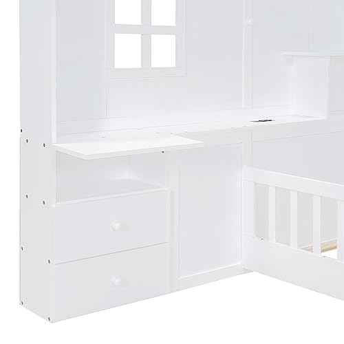 RORIGAT Wooden Twin Size House Bed with Window and Bedside Drawers, Platform Bed Frame with Shelves and a Set of Sockets and USB Port for Kids/Bedroom,White