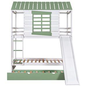 RORIGAT House Bunk Beds with Slide for Kids, Wood Twin Over Twin Bunk Beds with Trundle and Convertible Slide,Slide Playhouse Bed for Girls Boys, White+Green