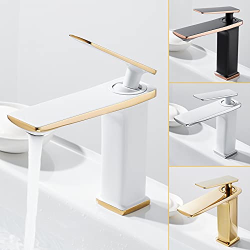 Bathroom Sink Faucet, Brass Black Gold Basin Faucet Bathroom Sink Faucets Hot Cold Water Mixer Crane Deck Mounted Single Handle Hole Bath Kitchen Tap (Color : White and Gold)