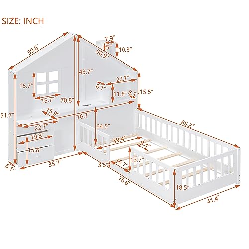 RORIGAT Wooden Twin Size House Bed with Window and Bedside Drawers, Platform Bed Frame with Shelves and a Set of Sockets and USB Port for Kids/Bedroom,White