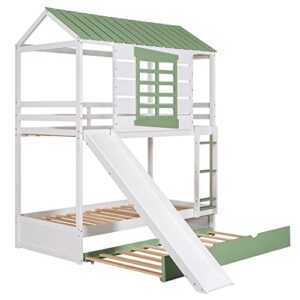 RORIGAT House Bunk Beds with Slide for Kids, Wood Twin Over Twin Bunk Beds with Trundle and Convertible Slide,Slide Playhouse Bed for Girls Boys, White+Green