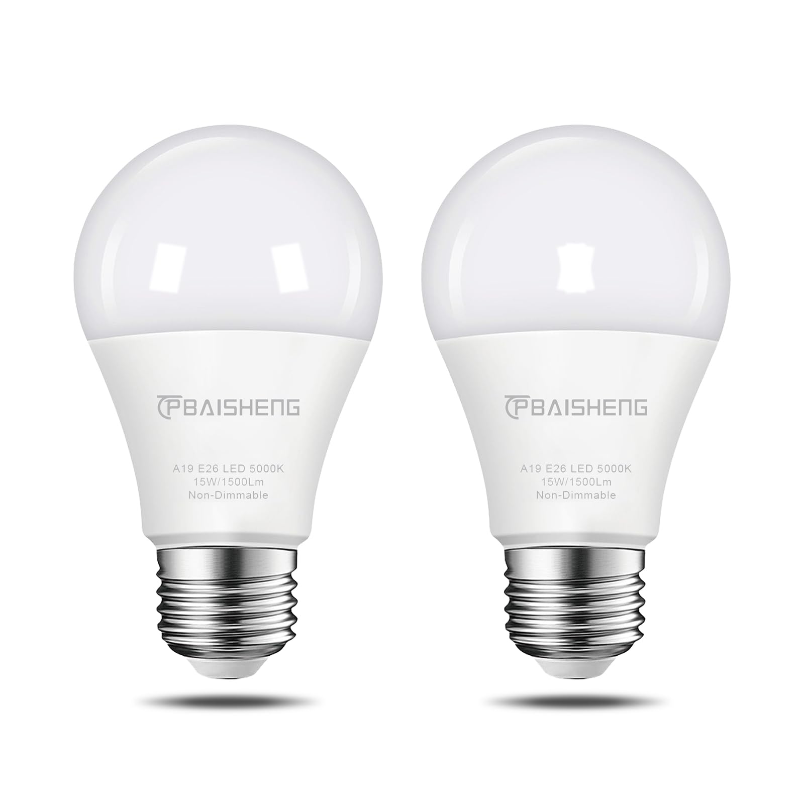 TPBAISHENG 15W LED Light Bulbs 100 Watt Equivalent, No Flicker, 1500 Lumens, 5000K Daylight Super Bright 100 Watt Equivalent Light A19 LED Bulb, Non-Dimmable, E26, CRI 85+, 30000+ Hours (2, 5000K)