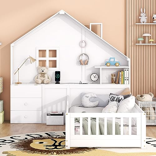 RORIGAT Wooden Twin Size House Bed with Window and Bedside Drawers, Platform Bed Frame with Shelves and a Set of Sockets and USB Port for Kids/Bedroom,White