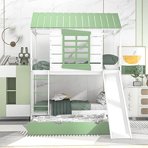 RORIGAT House Bunk Beds with Slide for Kids, Wood Twin Over Twin Bunk Beds with Trundle and Convertible Slide,Slide Playhouse Bed for Girls Boys, White+Green