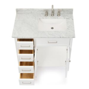 ARIEL Kensington Bathroom Vanity 37" Inch in White with Carrara White Marble Countertop, Right Offset Rectangular Sink, 2 Soft Closing Doors and 4 Full Extension Dovetail Drawers