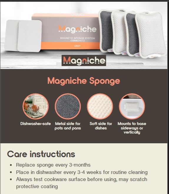 Magniche 4-Pack Premium Kitchen Sponges -REFILLS ONLY- 2-in-1 Dual-Sided Soft Cleaning Dish Sponge & Metal Scrubber, 1-Year Supply, Longer Lasting, Dishwasher Safe Sponges, Eco-Friendly (*No Magnets*)