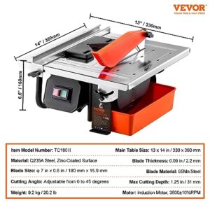 VEVOR Wet Tile Saw, 7-inch 65Mn Steel Blade, 3300 RPM Induction Motor, Tile Cutter Wet Saw with Water Reservoir, 0-45 Degrees Miter Angle for Cutting Tiles and Stones, for DIY Enthusiasts