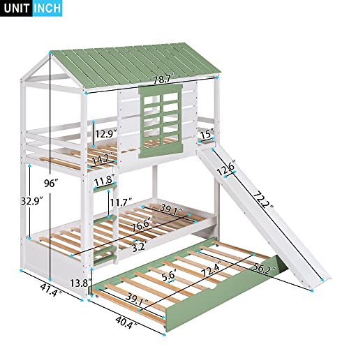 RORIGAT House Bunk Beds with Slide for Kids, Wood Twin Over Twin Bunk Beds with Trundle and Convertible Slide,Slide Playhouse Bed for Girls Boys, White+Green