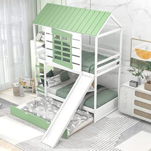 RORIGAT House Bunk Beds with Slide for Kids, Wood Twin Over Twin Bunk Beds with Trundle and Convertible Slide,Slide Playhouse Bed for Girls Boys, White+Green