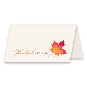 koko paper co maple leaf thankful for you thanksgiving table place cards | 50 tent style dinner setting name cards | designed and made in the u.s.a.