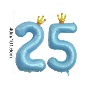 YFHVJTKO 40 Inch Number 25 Blue Crown Balloon Set,25th Celebration Decorations for Happy 25th Birthday Party Wedding Bridal Shower Engagement Photo Shoot Anniversary Decoration, Baby Blue 25 Balloon