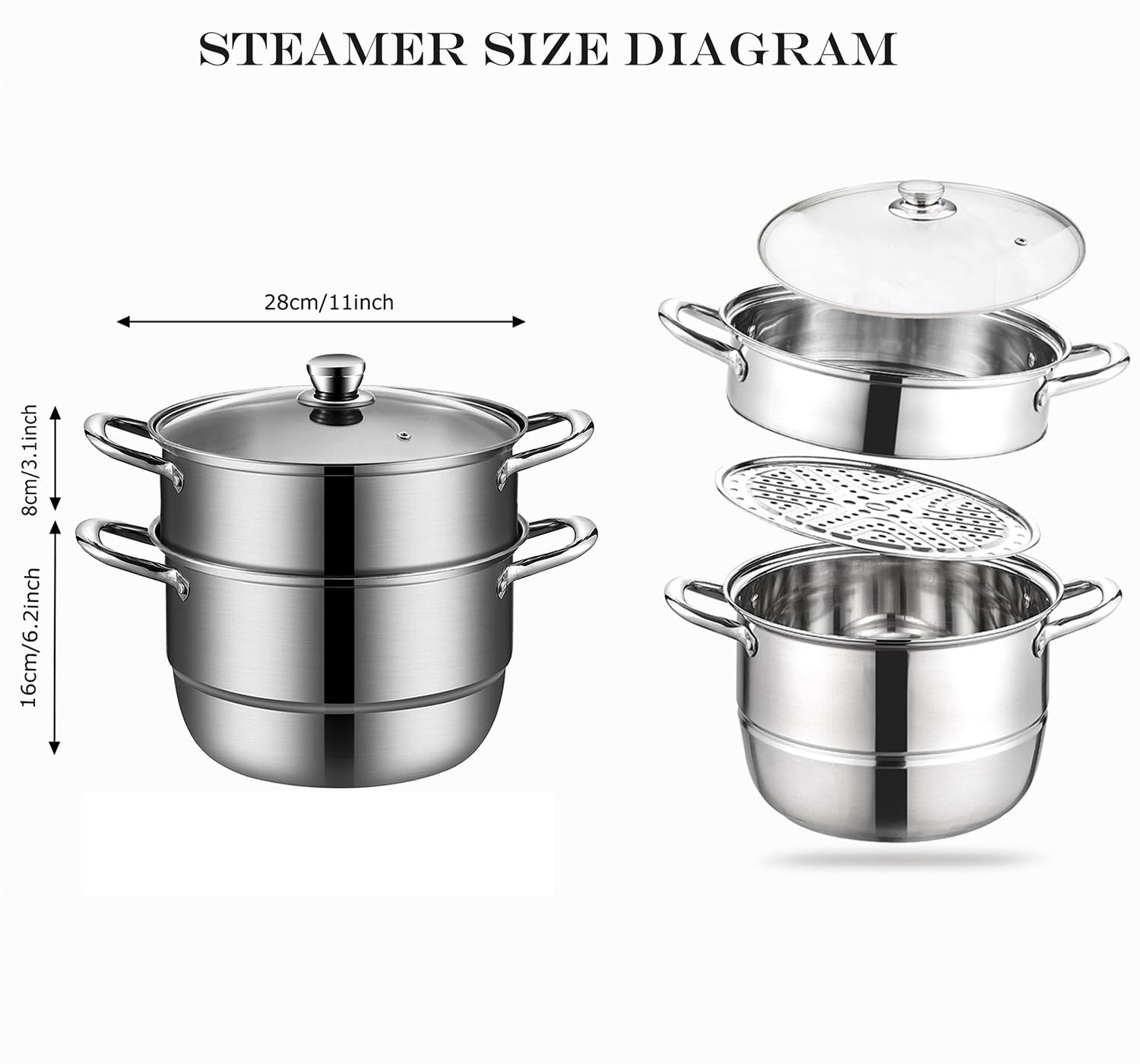 Steamer for Cooking, Food Grade Stainless Steel Steamer Pot, 11 inch Steam Pots with Glass Lid 2-tier for Cooking Vegetables, Seafood, Soups, Stews and Pasta Cooking Tool (28cm)