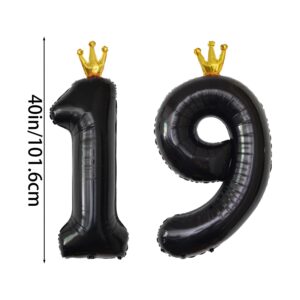 YFHVJTKO 40 Inch Number 19 Black Crown Balloon Set,19th Celebration Decorations for Happy 19th Birthday Party Wedding Bridal Shower Engagement Photo Shoot Anniversary Decoration, Black 19 Balloon