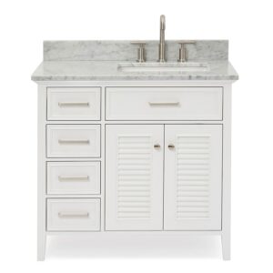 ariel kensington bathroom vanity 37" inch in white with carrara white marble countertop, right offset rectangular sink, 2 soft closing doors and 4 full extension dovetail drawers