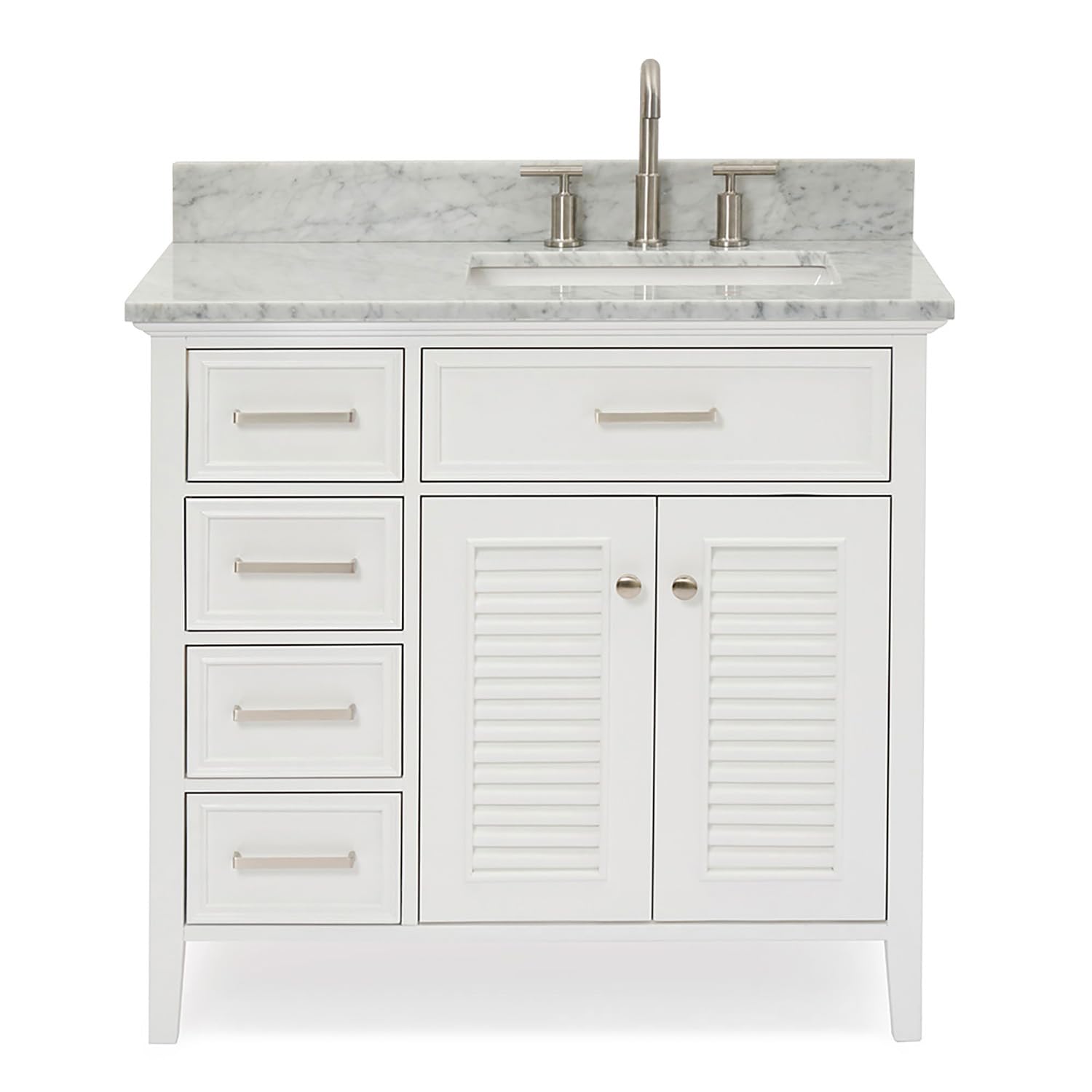 ARIEL Kensington Bathroom Vanity 37" Inch in White with Carrara White Marble Countertop, Right Offset Rectangular Sink, 2 Soft Closing Doors and 4 Full Extension Dovetail Drawers