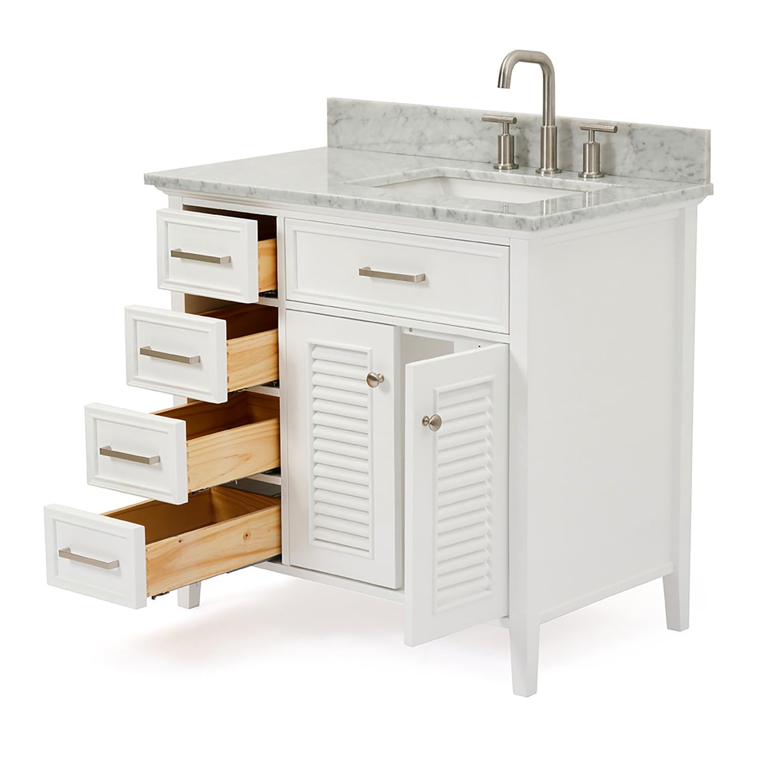 ARIEL Kensington Bathroom Vanity 37" Inch in White with Carrara White Marble Countertop, Right Offset Rectangular Sink, 2 Soft Closing Doors and 4 Full Extension Dovetail Drawers