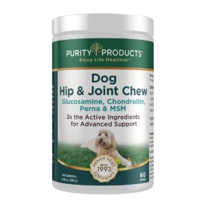 purity products dog hip and joint advanced support chews msm, glucosamine, chondroitin & perna (green-lipped mussel) - supports canine cartilage health, mobility, flexibility & comfort - 60 chews