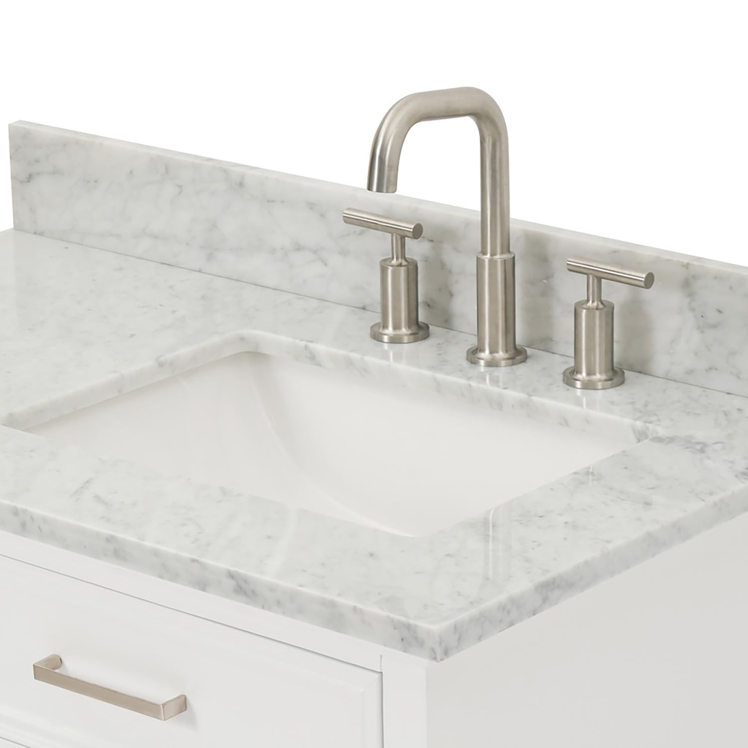 ARIEL Kensington Bathroom Vanity 37" Inch in White with Carrara White Marble Countertop, Right Offset Rectangular Sink, 2 Soft Closing Doors and 4 Full Extension Dovetail Drawers