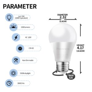 TPBAISHENG 15W LED Light Bulbs 100 Watt Equivalent, No Flicker, 1500 Lumens, 5000K Daylight Super Bright 100 Watt Equivalent Light A19 LED Bulb, Non-Dimmable, E26, CRI 85+, 30000+ Hours (2, 5000K)