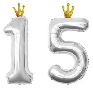 yfhvjtko 40 inch number 15 silver crown balloon set,15th celebration decorations for happy 15th birthday party wedding bridal shower engagement photo shoot anniversary decoration, silver 15 balloon