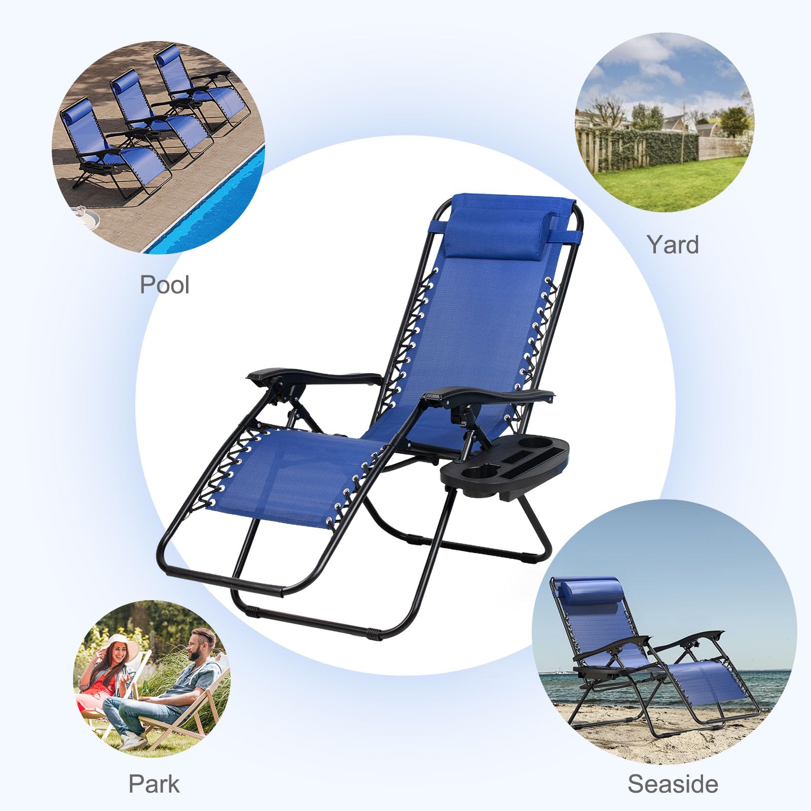 Nazhura Set of 2 Relaxing Recliners Patio Chairs Adjustable Steel Mesh Zero Gravity Lounge Chair Recliners with Pillow and Cup Holder (Blue)