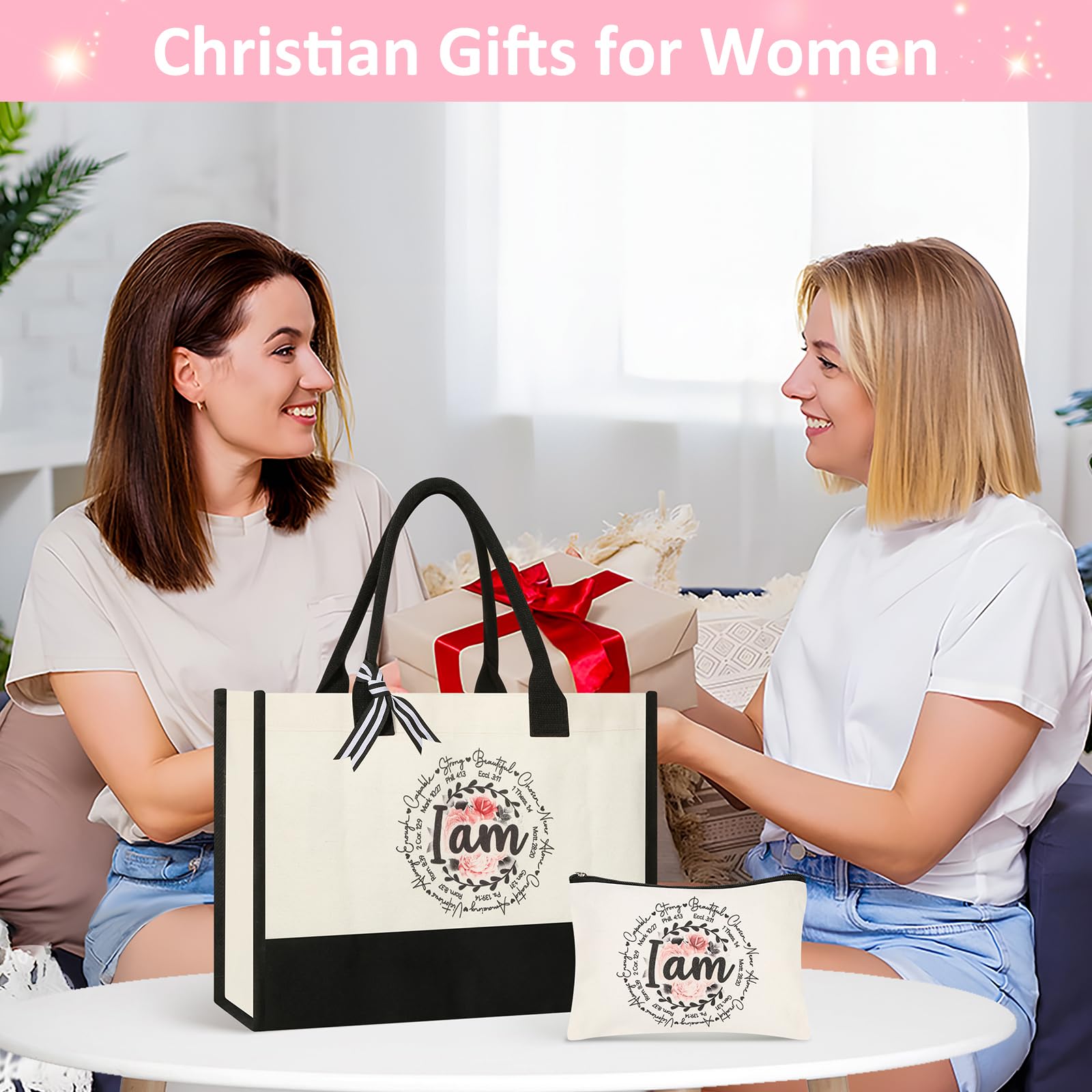 Christian Gifts for Women, Inspirational Gifts for Women Religious, Baptism Gifts, Encourage Gifts for Women Friends Female Sister Wife Coworker Mom Lady, Reusable Grocery Bag Tote Bag & Makeup Bag