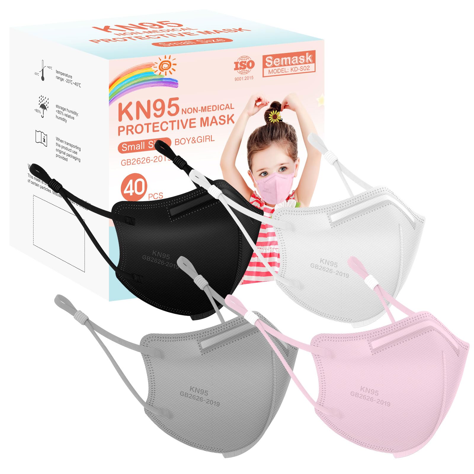 Semask Kids KN95 Adjustable Masks 40 Pack, Individually Wrapped Disposable Respirator with Adjustable Ear Loops, Multicolor