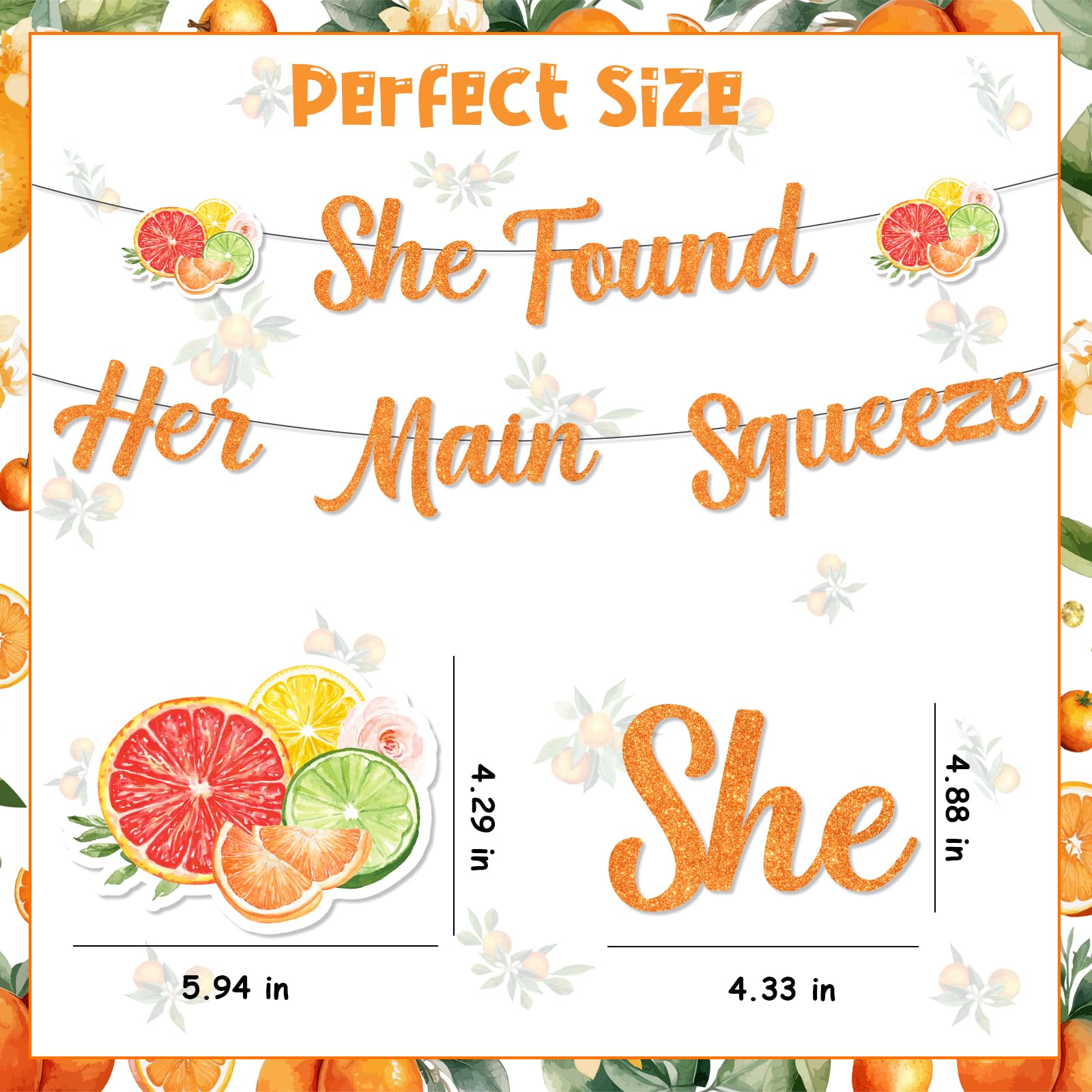 She Found Her Main Squeeze Banner Garland, Lemon Bridal Shower Party Decoration Glitter Citrus Theme Banner Garland for Citrus Lemonade Orange Summer Fruit Theme Bachelorette Wedding Engagement Party