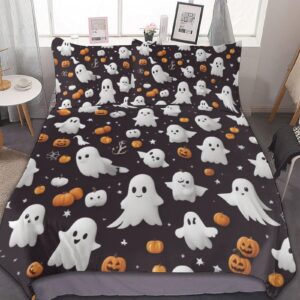 zgdpbyf halloween quilts king size 3d cartoon white ghost pumpkin printed pattern, 3 piece quilt bedding set,coverlet set for all season -1 duvet cover & 2 pillowcases(no comforter) 102"x92"